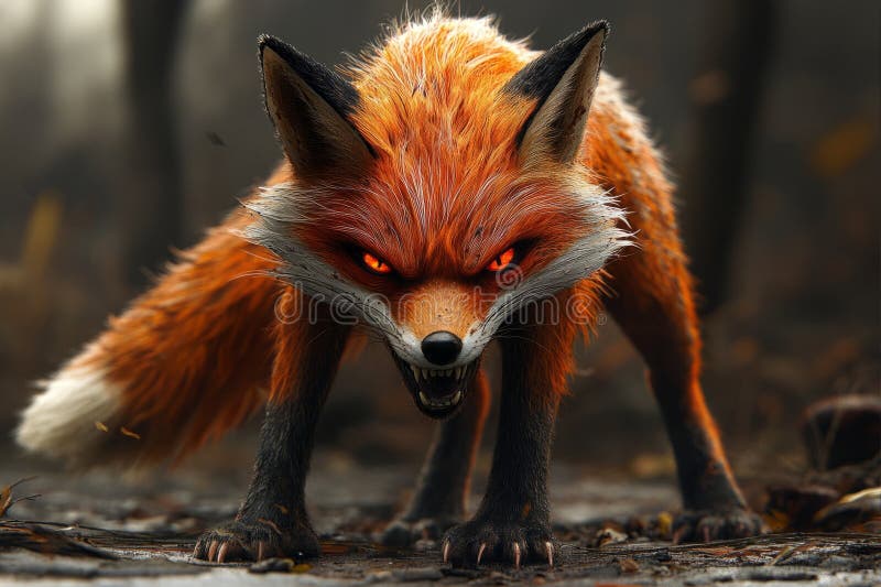 Aggressive Red Fox Showing Teeth and Glowing Eyes in Dark Forest Stock ...