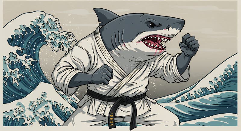 Aggressive Shark Practicing Karate on the Waves Master Cartoon Design ...