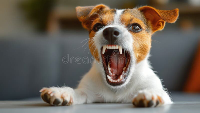 Aggressive Small Dog Lying on Table, Teeth Bared, Growling with Intense ...