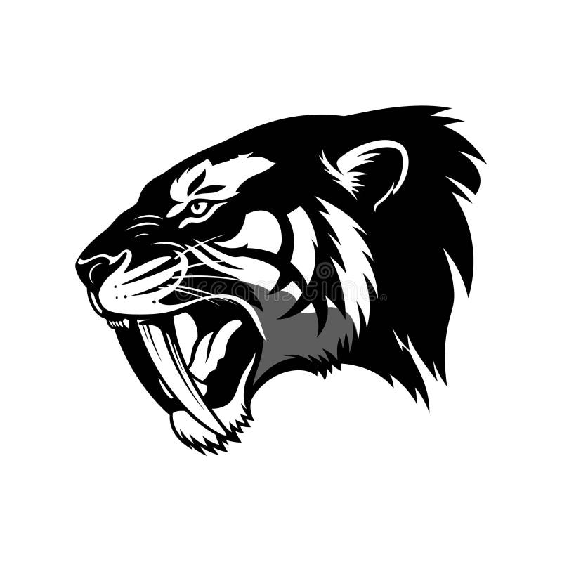 Aggressive Smilodon Head Profile: Black and White Vector Illustration ...