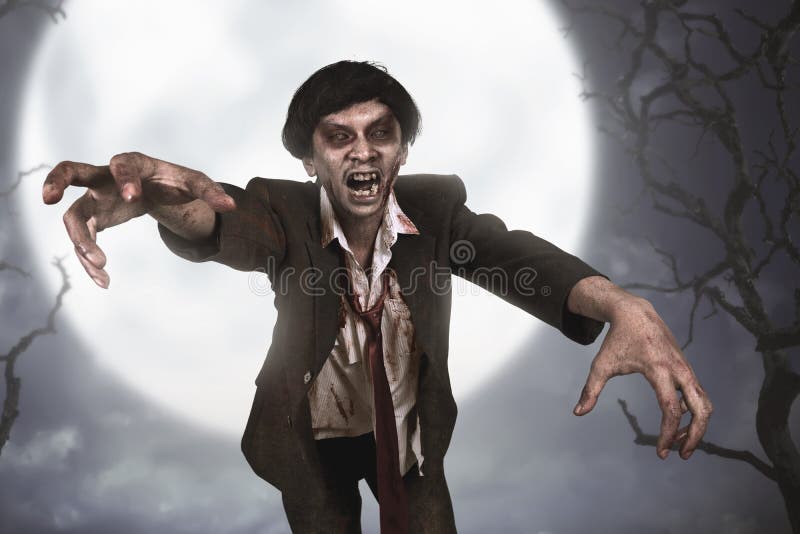 Aggressive Spooky Asian Zombie with Wounded Face Stock Image - Image of ...