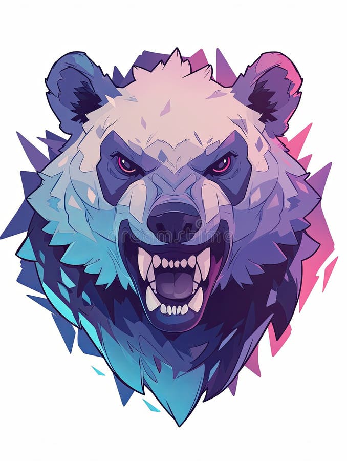 Aggressive Stylized Bear Head Illustration in Vibrant Purple and Blue ...