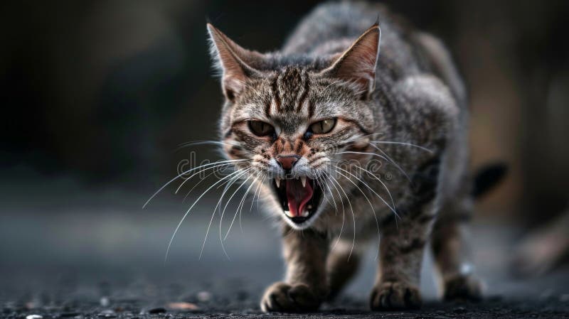 Aggressive Tabby Cat Hissing with Sharp Teeth Bared. Predator Agression ...