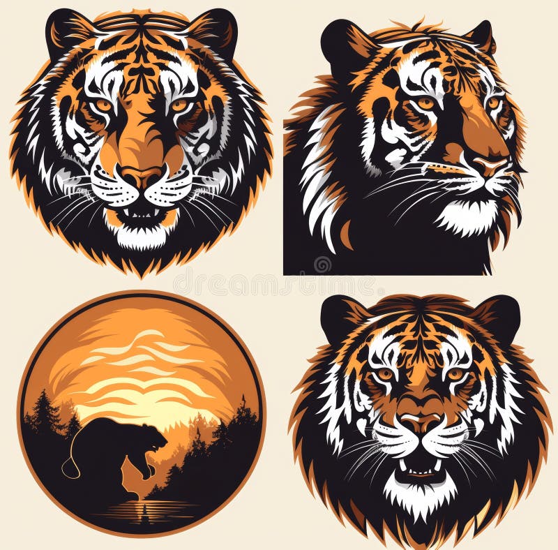 Aggressive Tiger Head and Full Body Logo with Sunset in Digital ...