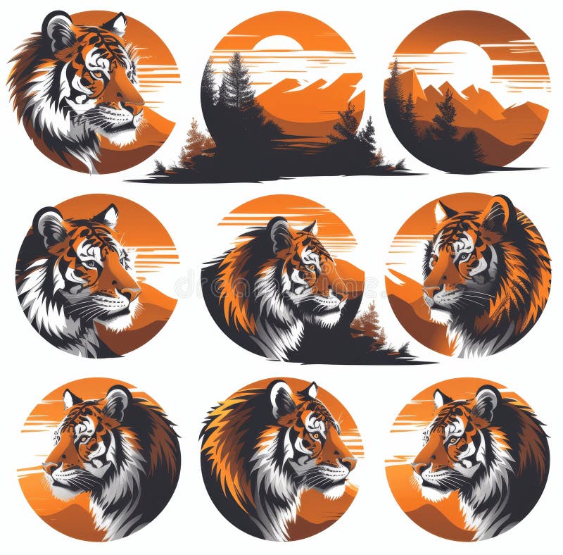 Aggressive Tiger Logo Illustration with Sunset in Vector Design Stock ...