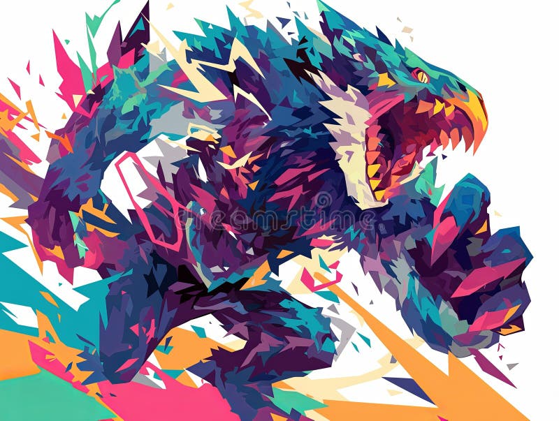 Aggressive, Vibrant, Stylized Monster Charging Forward, Dynamic Pose ...