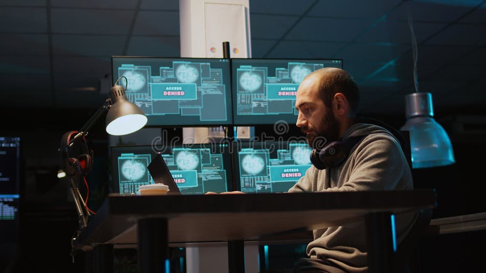 Aggressive Violent Hacker Trying To Hack Network in Office Stock Photo ...