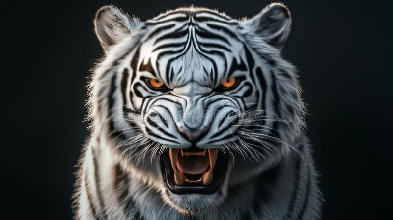 Aggressive White Tiger Snarling with Glowing Eyes, Front View Stock ...