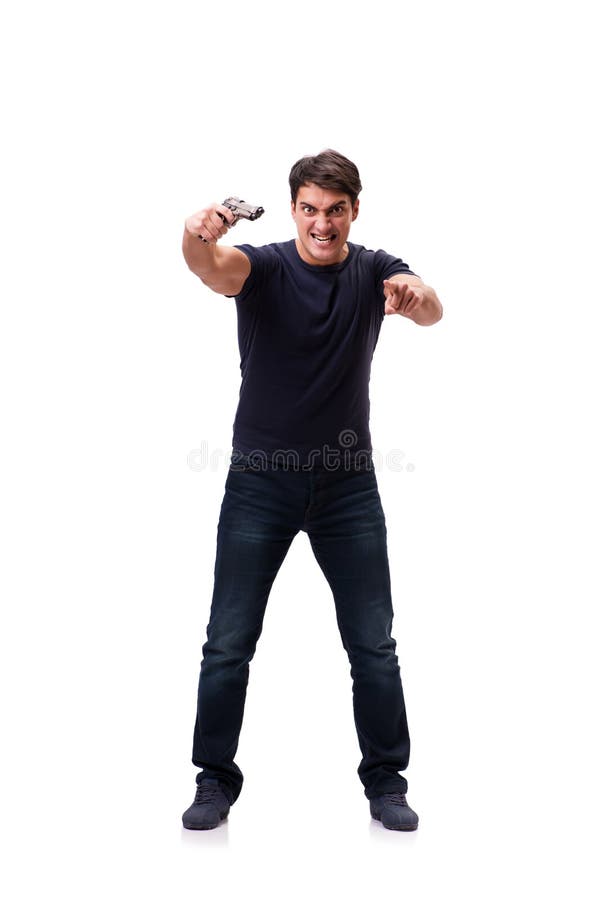 Aggressive Young Man with Gun Isolated on White Stock Image - Image of ...