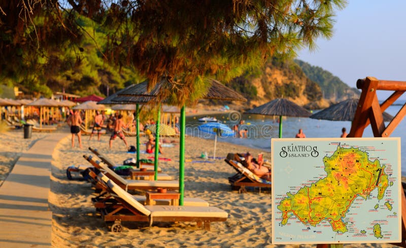 Aghia Eleni Beach Skiathos stock image. Image of sunbeds - 33438541