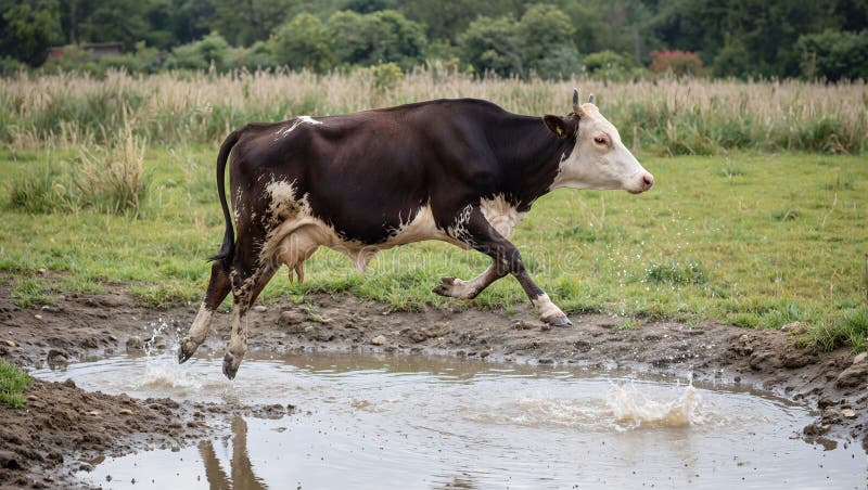 Agile Cow Jumping Over Small Puddle Determined Expression Stock ...