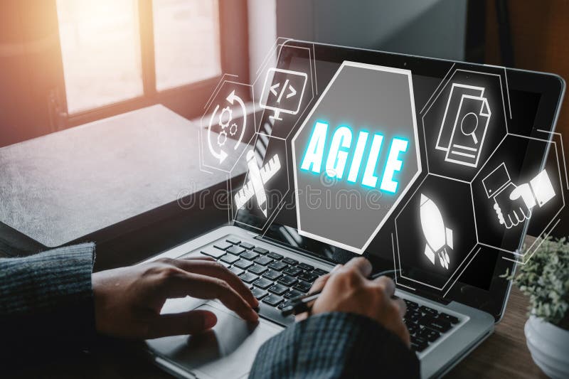 Business Person Hand Typing Keyboard with VR Screen Agile Icon on ...