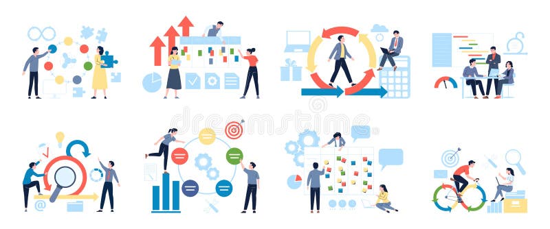 Agile Project Management Process, Product Develop and Deadline. Scrum Method on Board, Time ...