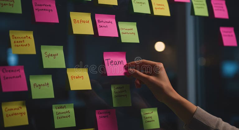 Agile Teamwork: Brainstorming Session with Sticky Notes on Glass Wall ...