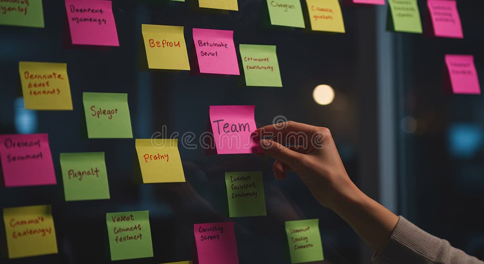 Agile Teamwork: Brainstorming Session with Sticky Notes on Glass Wall ...