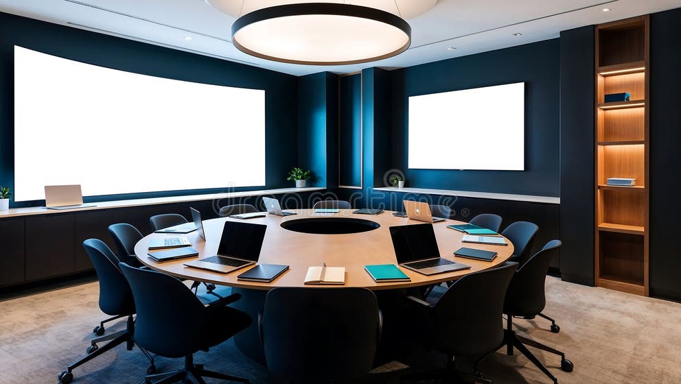 Agile Workspace with Round Table, Laptops, and Digital Timeline Display ...