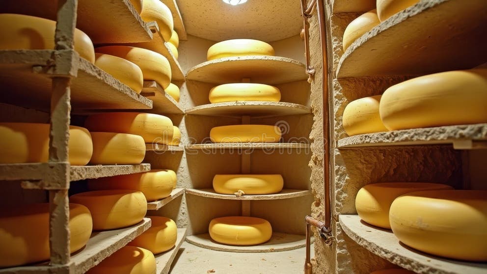 Aging Cheese Wheels in Rustic Cellar with Stone Shelves and Warm ...