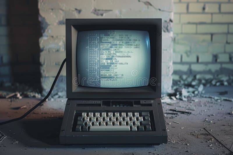 An Aging Computer with a Faded Screen Displaying Code Sits Abandoned in ...