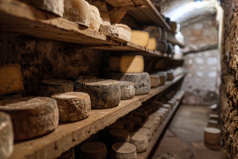 Aging Process of Various Cheese Types on Wooden Shelves in a Rustic ...