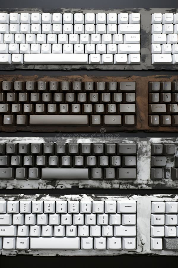Aging Technology: Three Old and Weathered Keyboards Stacked Vertically ...