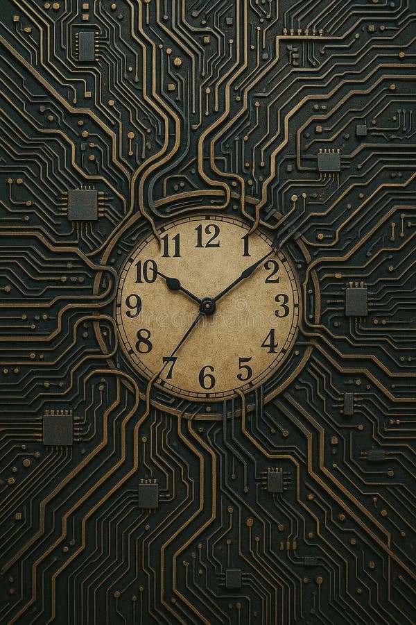 Aging Technology, Vintage Clock and Circuit Board in Bronze, Passage of ...