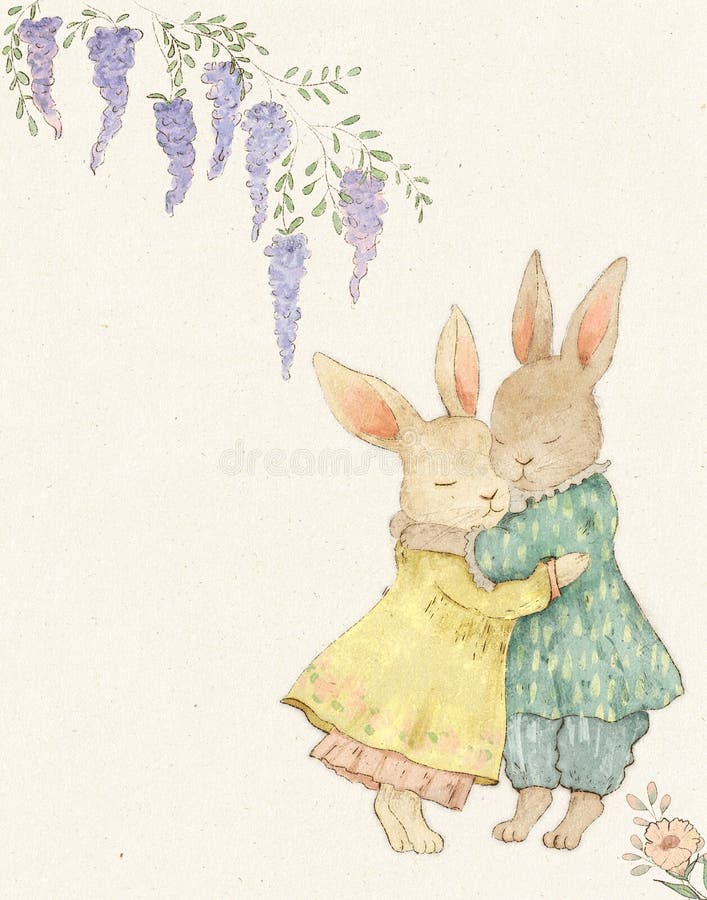 Watercolor Vintage Drawing of Two Cute Rabbits in a Vintage Atmosphere ...