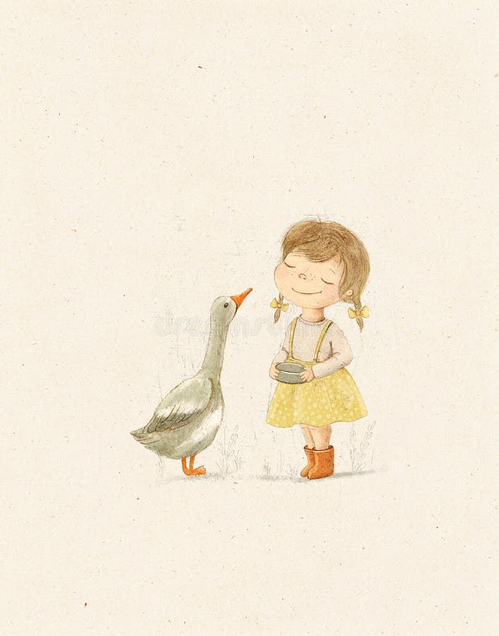 Cute Baby Girl with Duck, Illustration for Kids, Friendly Card Stock ...