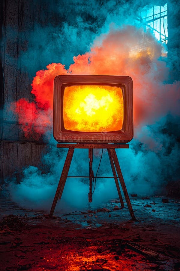 The Aging TV Screen Flickers with Noise Under the Glow of Blue and Red ...