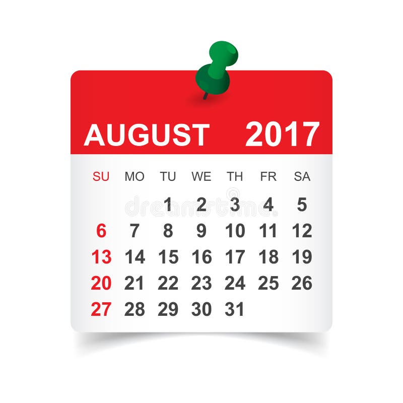 Agosto 2017 calendario illustrazione vettoriale. Illustrazione di nota ...