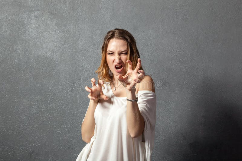 Agressive Young Woman Posing with Hands Stock Image - Image of face ...