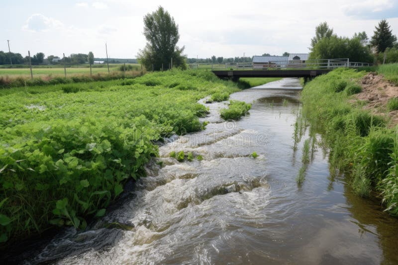 Agri Runoff Entering a River, with Fish and Water Plants Visible Stock ...