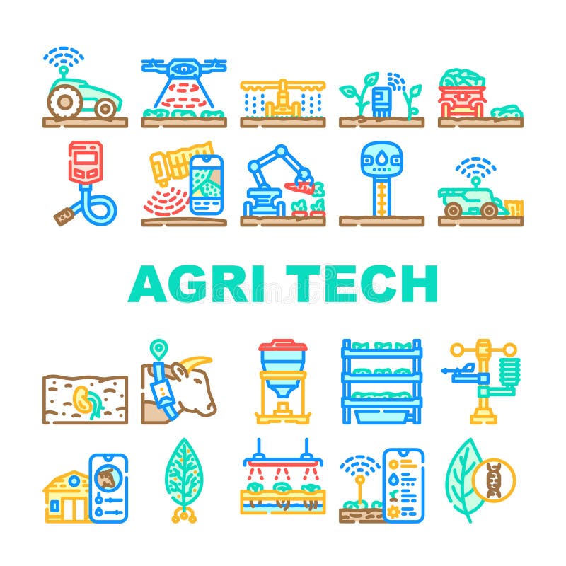 Agri Tech Precision Drones Iot Icons Set Vector Stock Illustration ...