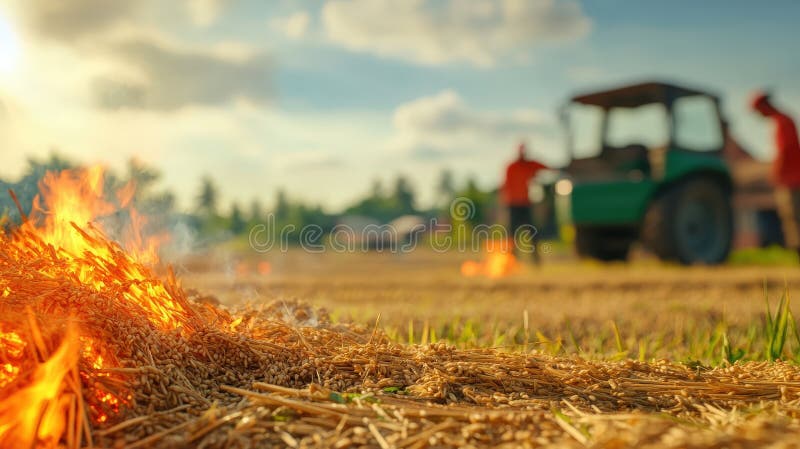 Agricultural Burning Process in Field with Tractor and Workers Stock ...