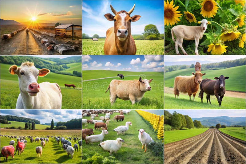 Agricultural Collage with Farm Animals in Green Fields Stock ...