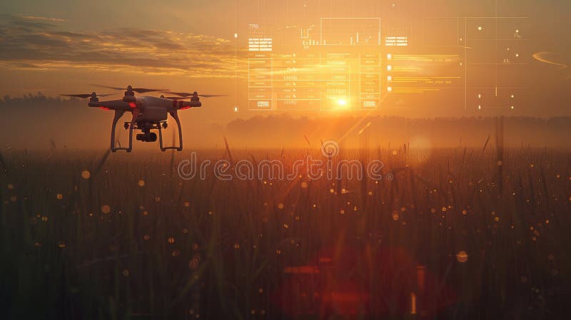 Agricultural Drone Flying Above Morning Wheat Fields with Digital ...