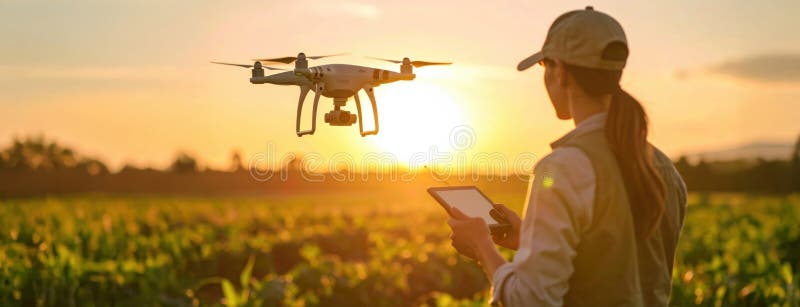 Agricultural Drone Operator Managing Crop Survey at Sunset with Remote ...