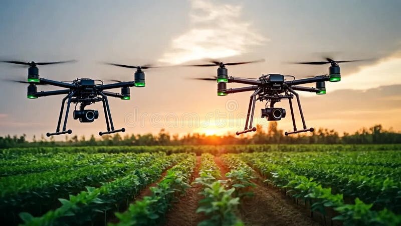 Agricultural Drones Overseeing Crops at Dusk Showing Agricultural ...
