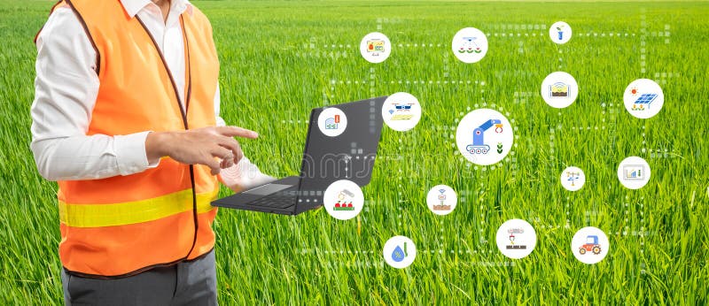 Agricultural Engineer or Farmer Work with Computer Notebook in Farm ...