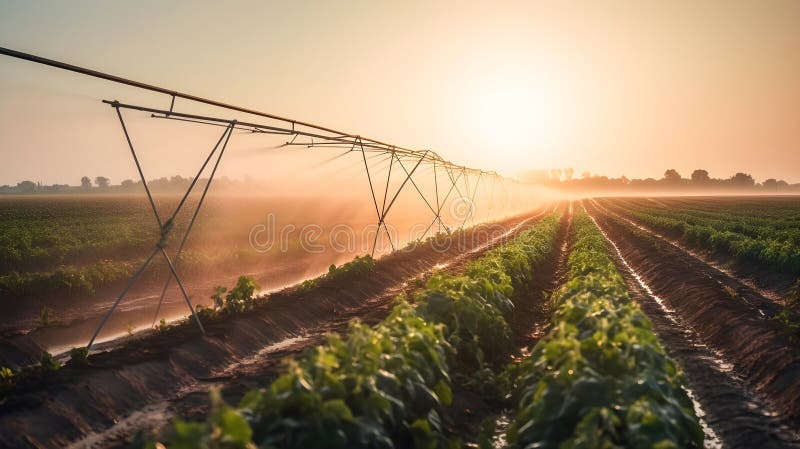 Agricultural Field Being Irrigated by a Modern Irrigation System at ...