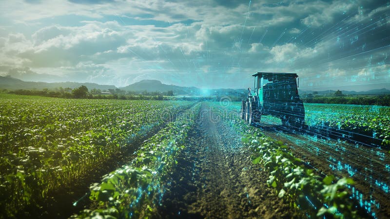 Digital Tractor in Green Agricultural Field Stock Illustration ...