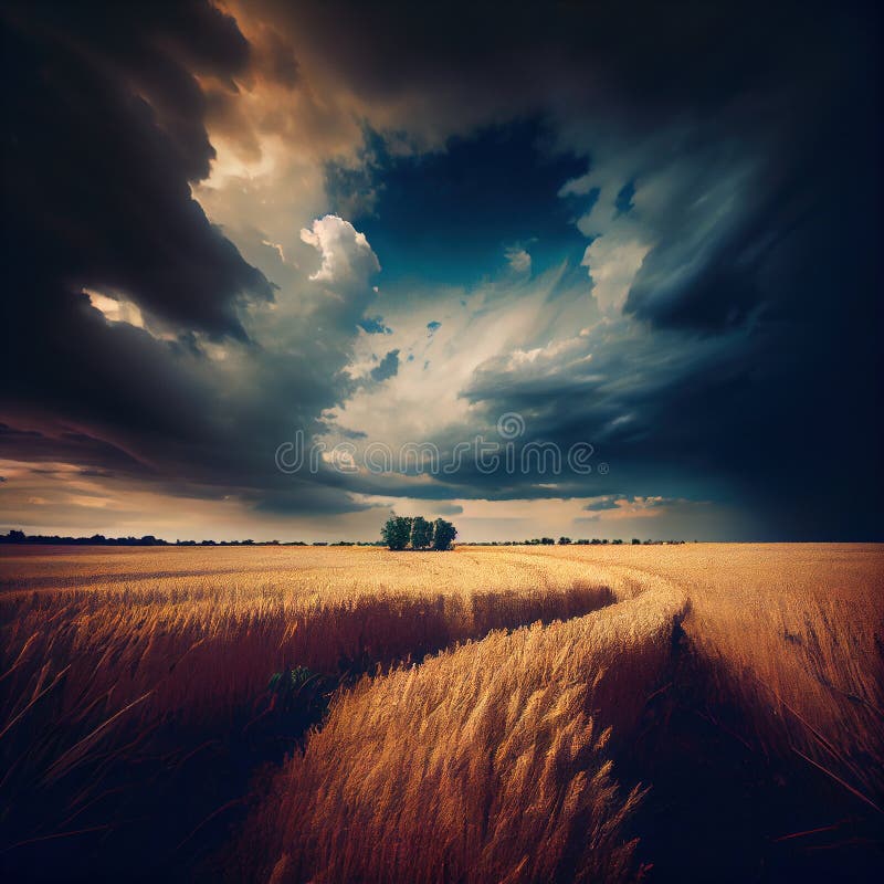 Agricultural Field on Which Grows Rye or Wheat Under a Dark Cloudy Sky ...