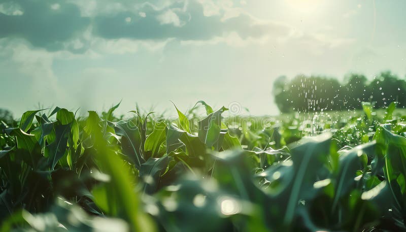 Agricultural Irrigation System Watering Corn Field on Sunny Spring Day ...
