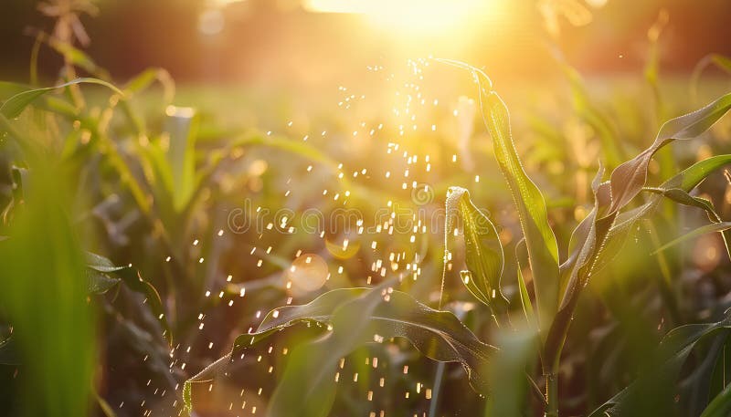 Agricultural Irrigation System Watering Corn Field on Sunny Spring Day ...