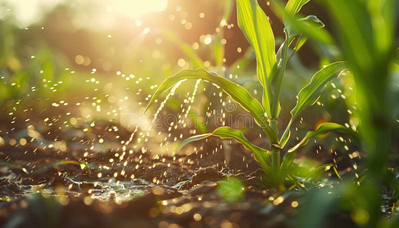 Agricultural Irrigation System Watering Corn Field on Sunny Spring Day ...