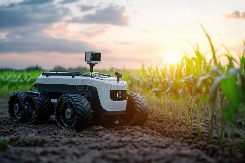 Agricultural Robot Navigates through Rows of Corn at Sunset in a ...