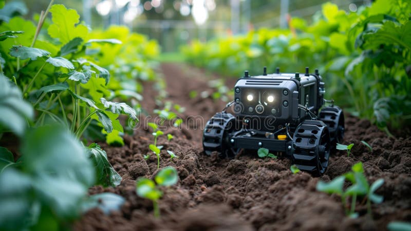 Autonomous Farming Robot Navigating Crop Rows at Dusk Stock ...