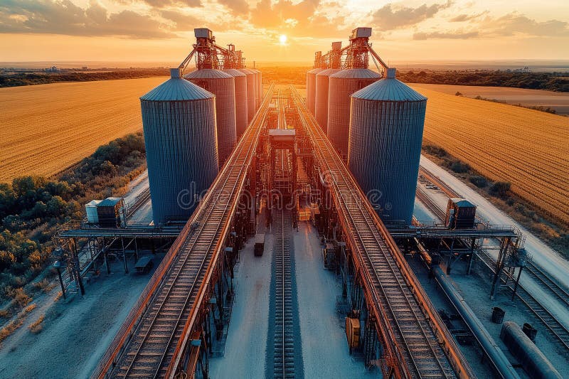 Aerial View of Grain Silos at Sunset Stock Illustration - Illustration ...