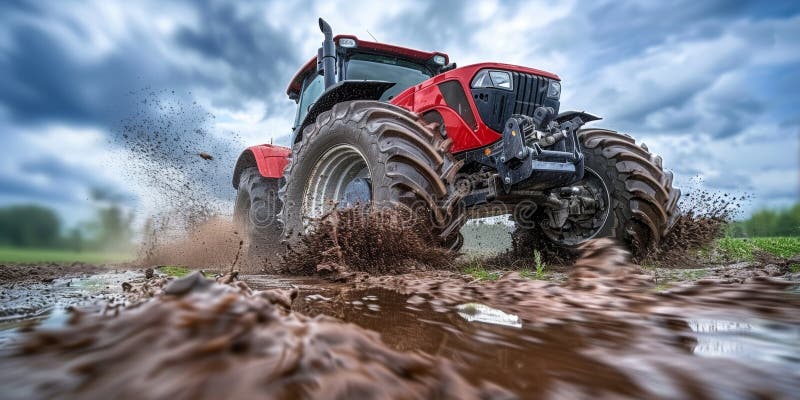 An Agricultural Technician Operates a Red Tractor in Muddy Fields ...