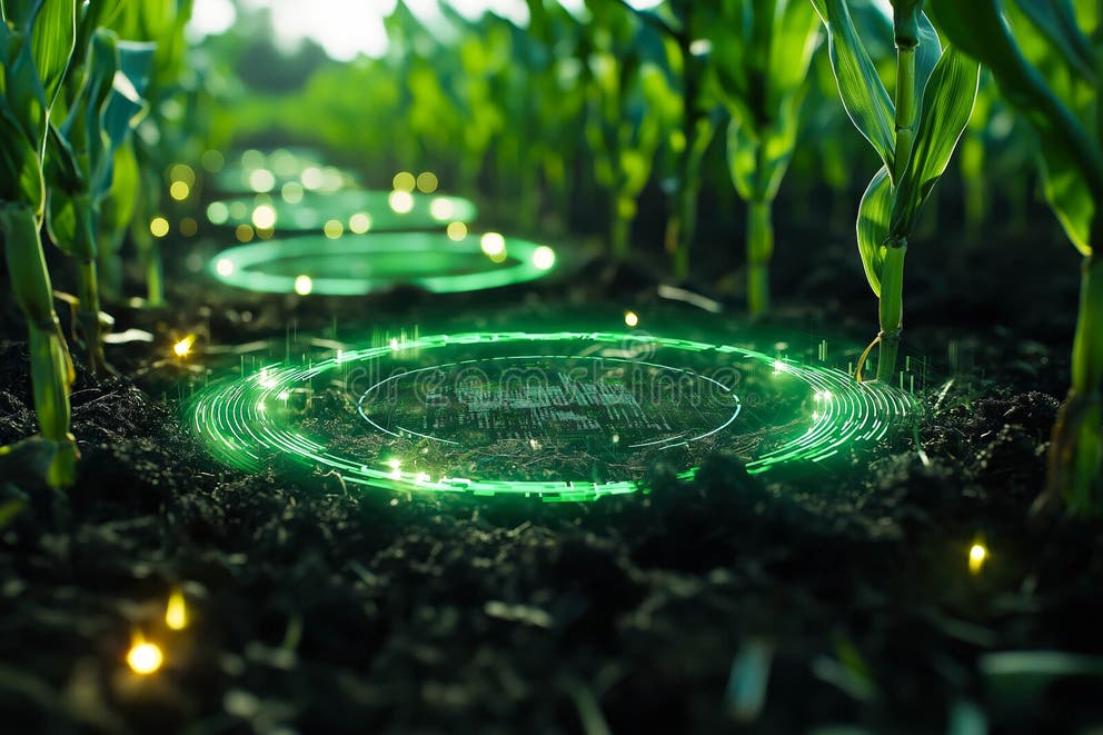 Agricultural Technologies on the Farm. Corn Field with Holographic Data ...