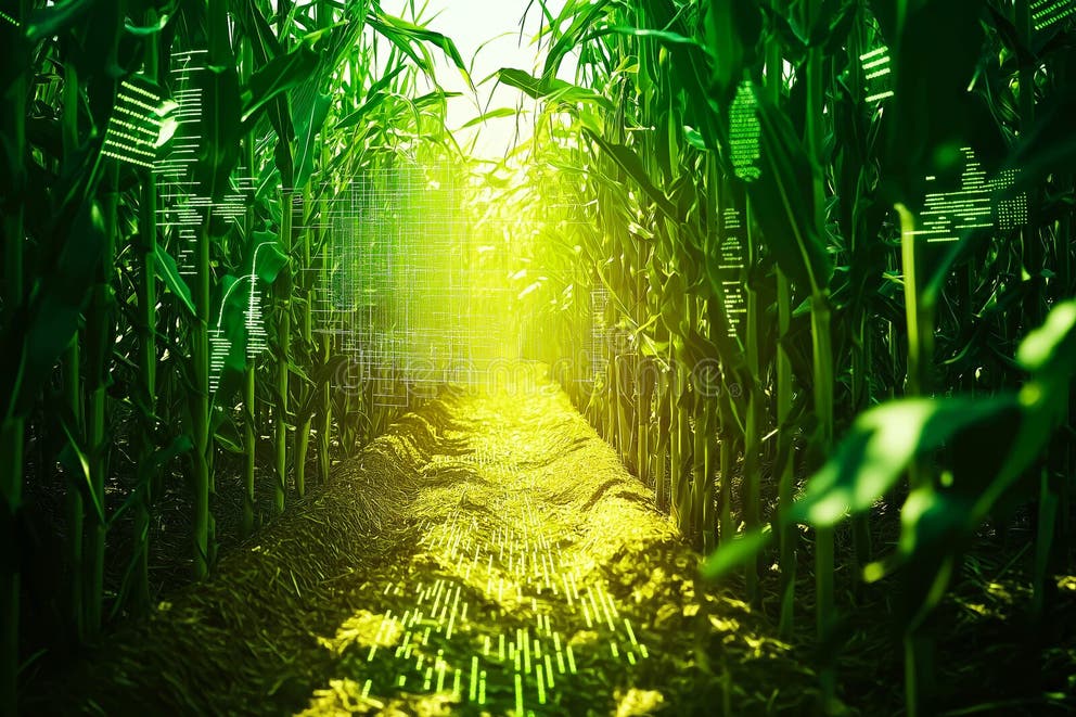Agricultural Technologies on the Farm. Corn Field with Holographic Data ...